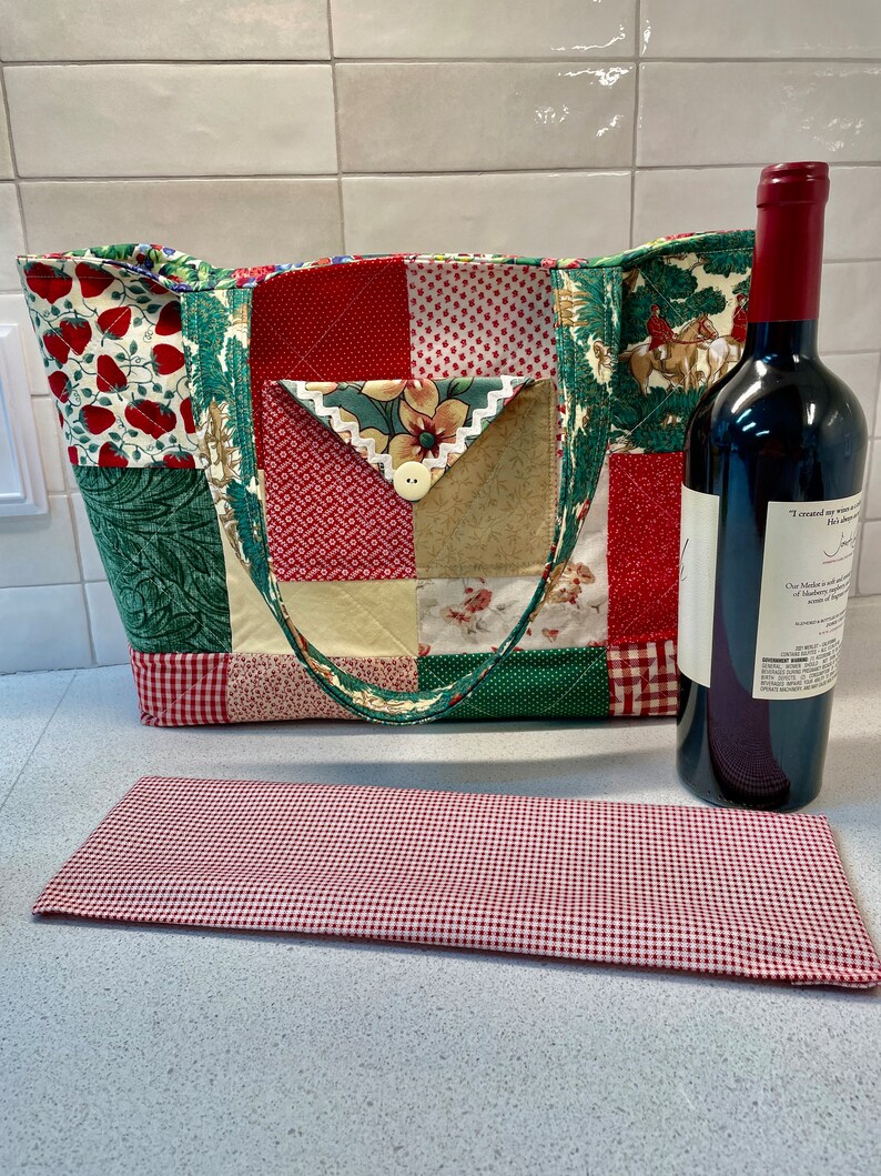 Strawberry Quilted Patchwork Tote Bag With Rickrack Trim, Three Pockets ...