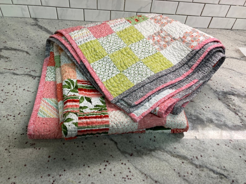 Handmade Quilt, Ready to Ship, Checkerboard, Nine Patch, Pink, Cotton ...