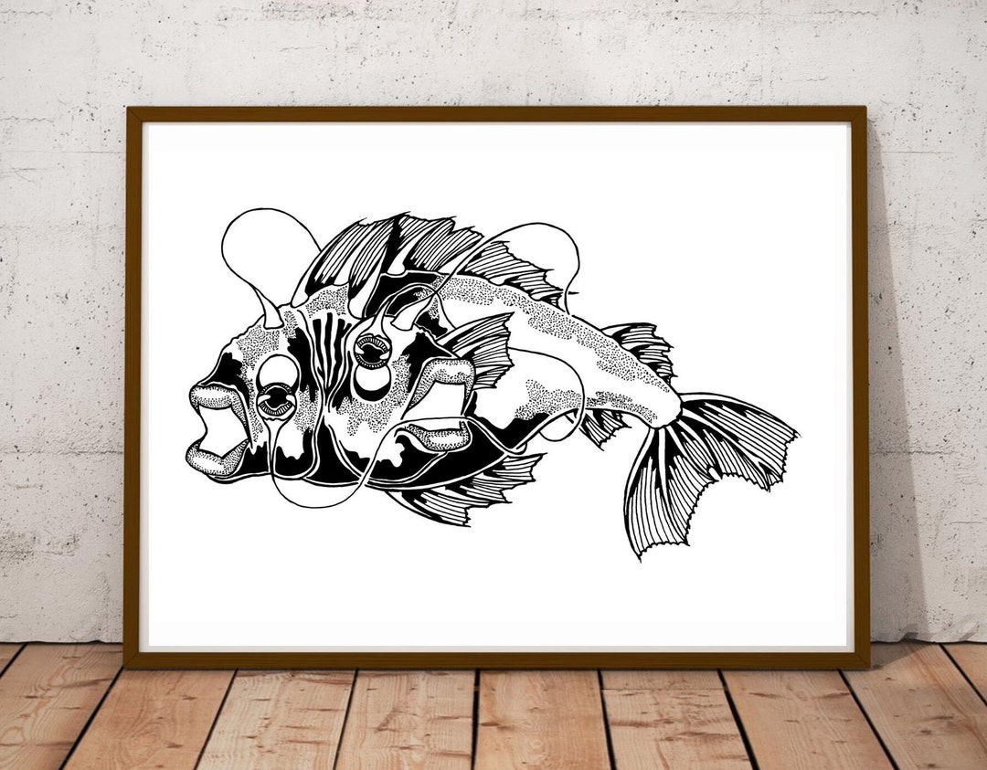 Wall Art Print - Two Headed Fish - Dark Surrealism Animal Drawing ...