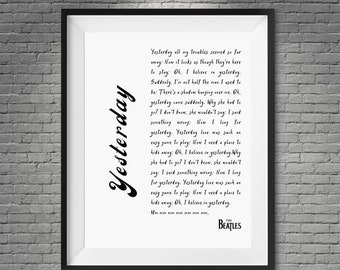 Yesterday Print the Beatles Beatles Lyrics From the - Etsy