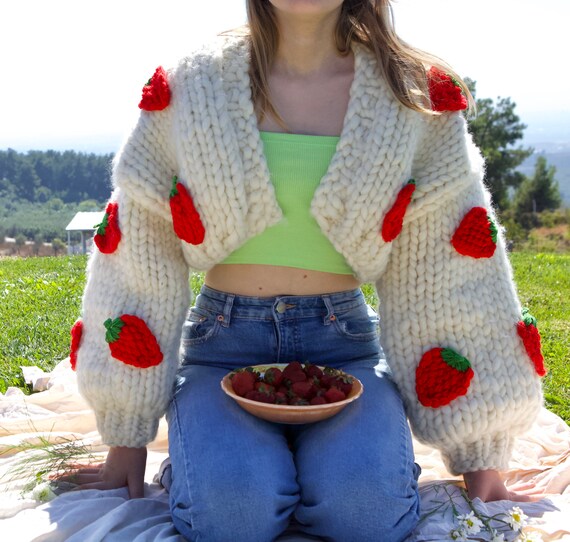 Strawberry Cardigan Chunky Cardigan 3D Strawberry Cardigan - Etsy UK