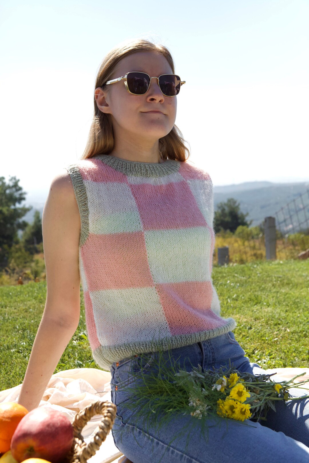 Checkered Knit Sweater Vest Handmade Knitted Vest - Etsy