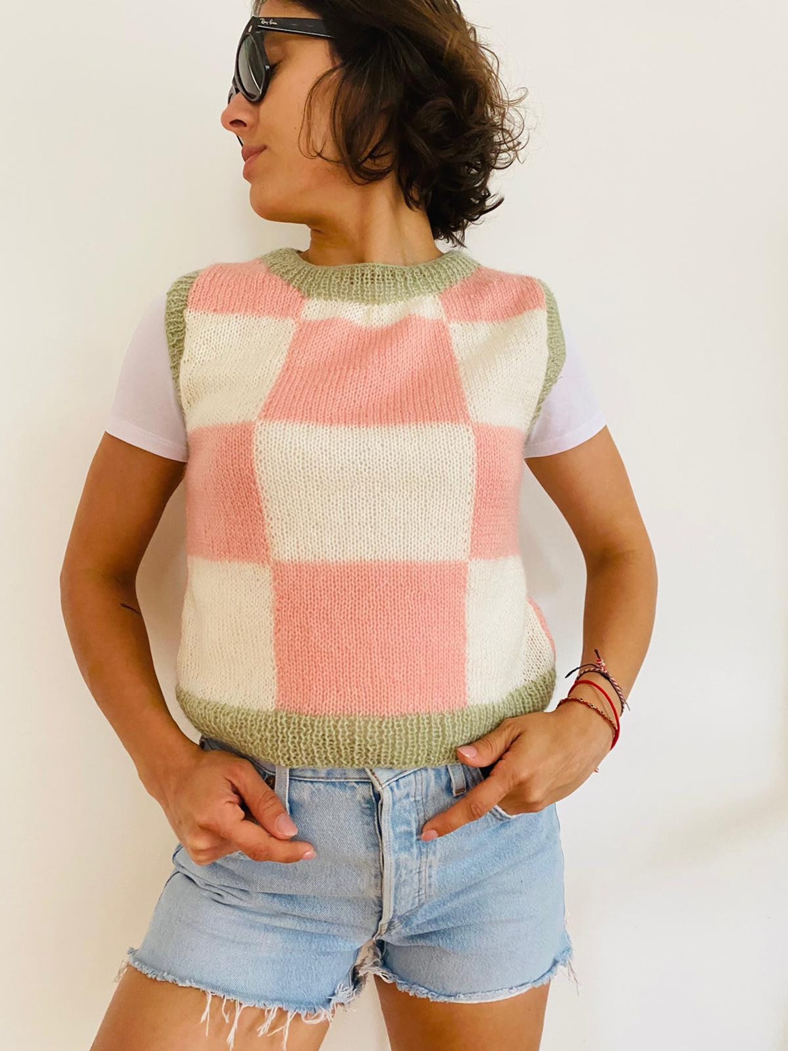 Checkered Knit Sweater Vest Handmade Knitted Vest | Etsy