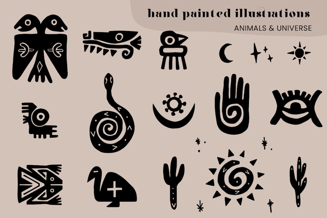 Aztec Collection Clipart, Hand Painted Mythology Symbols, Animal ...