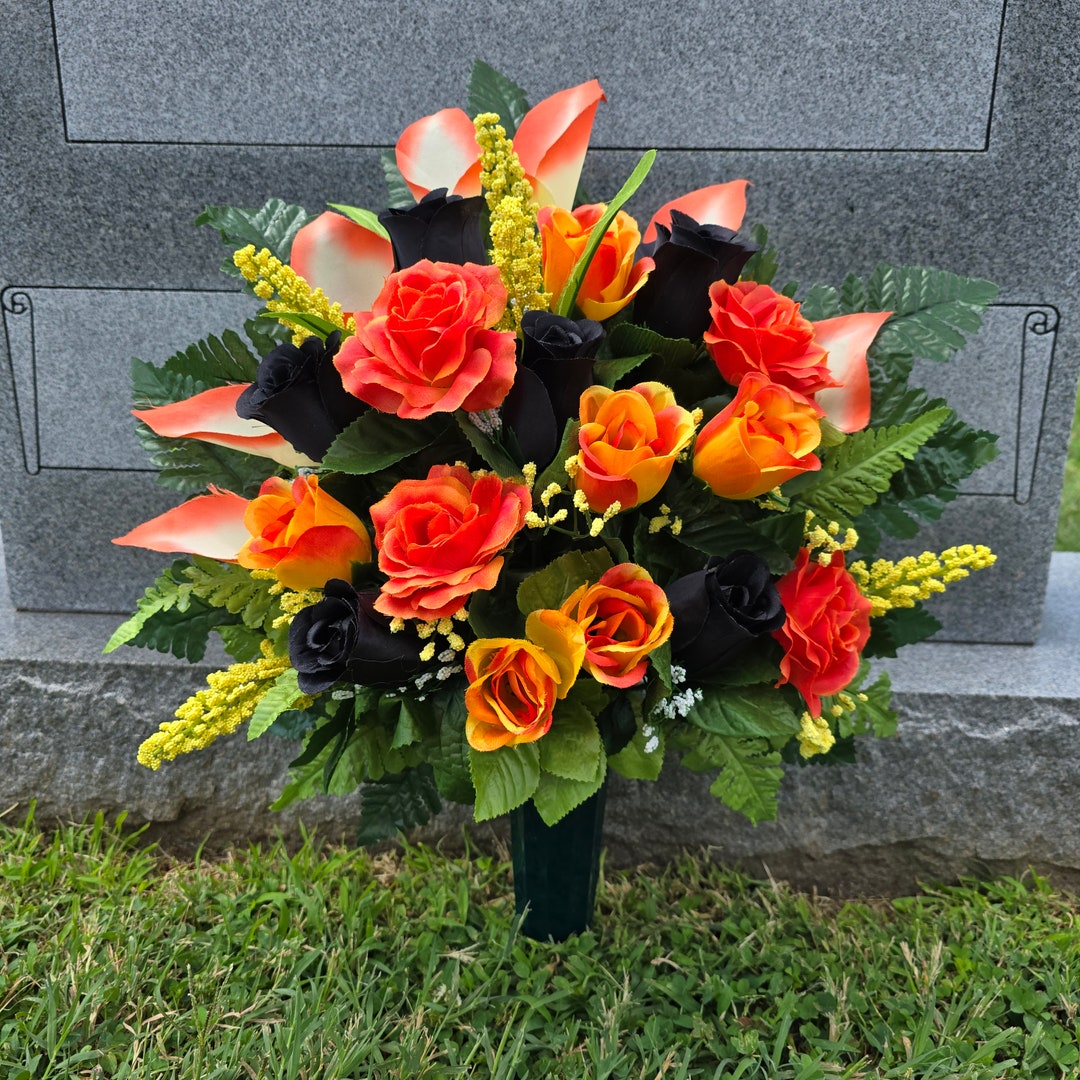 This Cemetery Cone Has Black & Orange Rose Grave Flowers. It is a ...