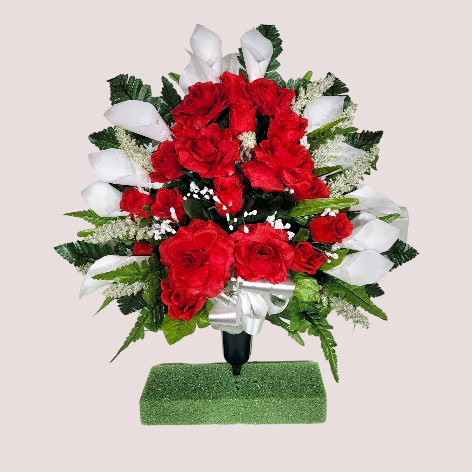 This Jumbo Cemetery Cone Has Grave Flowers Including White Calla Lilies ...