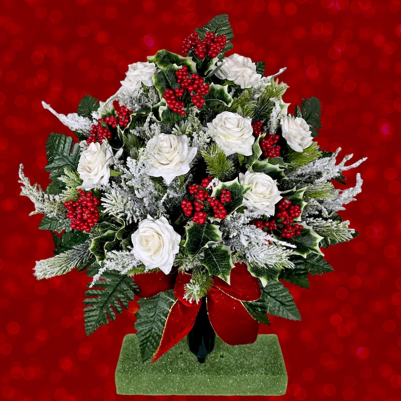This Jumbo Christmas Memorial Cone Has White Roses, Berries, Holly, and ...