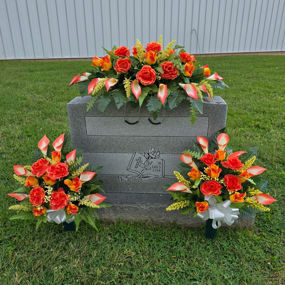 This Headstone Saddle and Cemetery Cone Set Has Silk Grave Flowers ...