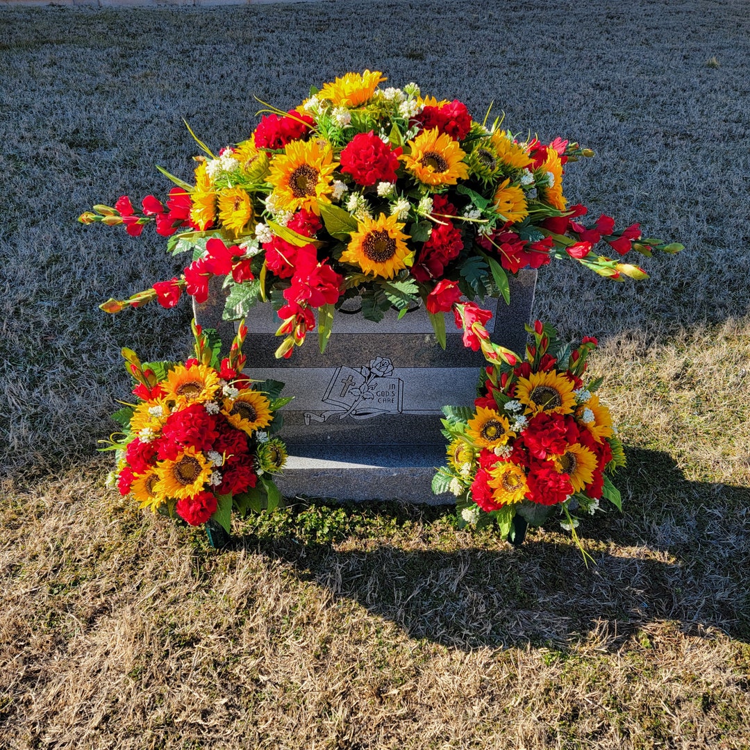 Sunflower Headstone Saddle Set With Geranium Grave Flowers for Cemetery ...