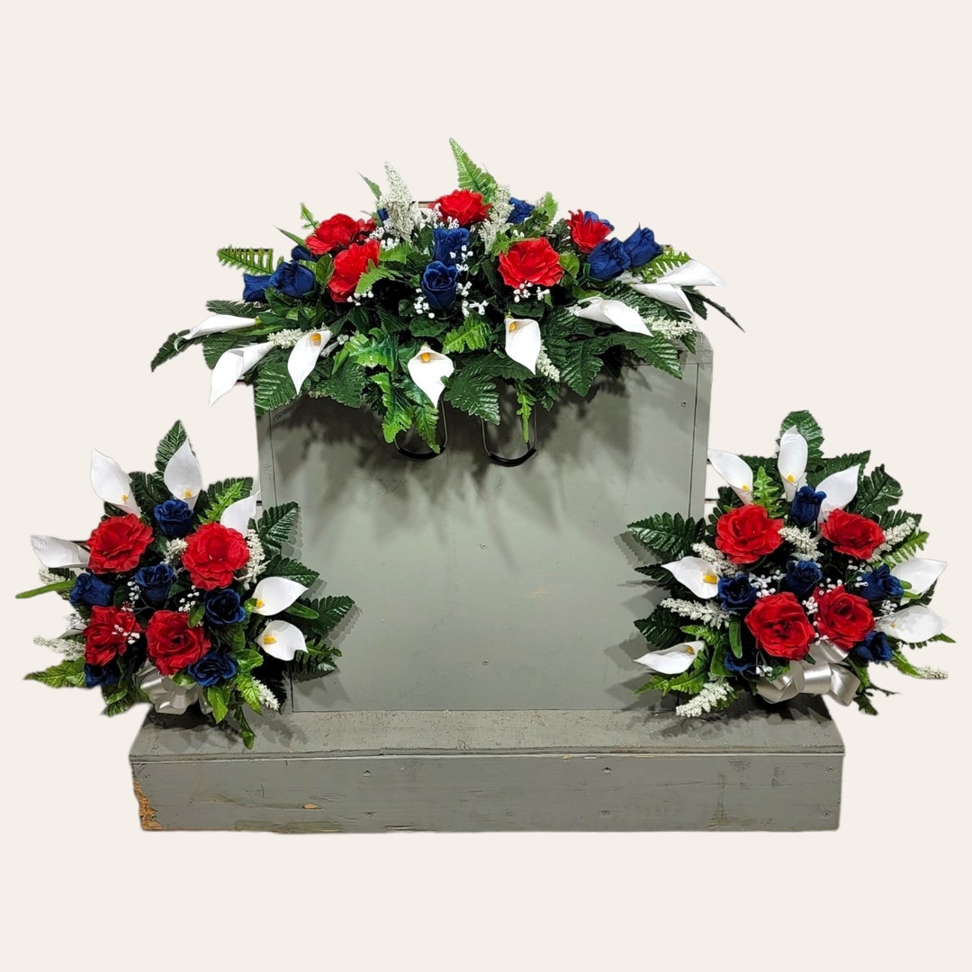 This Headstone Saddle and Cemetery Cone Set Has Silk Grave Flowers ...