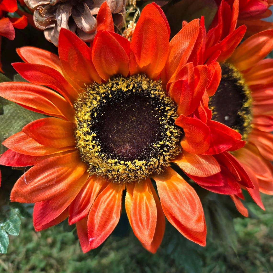 A Fall Memorial Decoration Cemetery Cone Orange Sunflower and Mum Grave ...