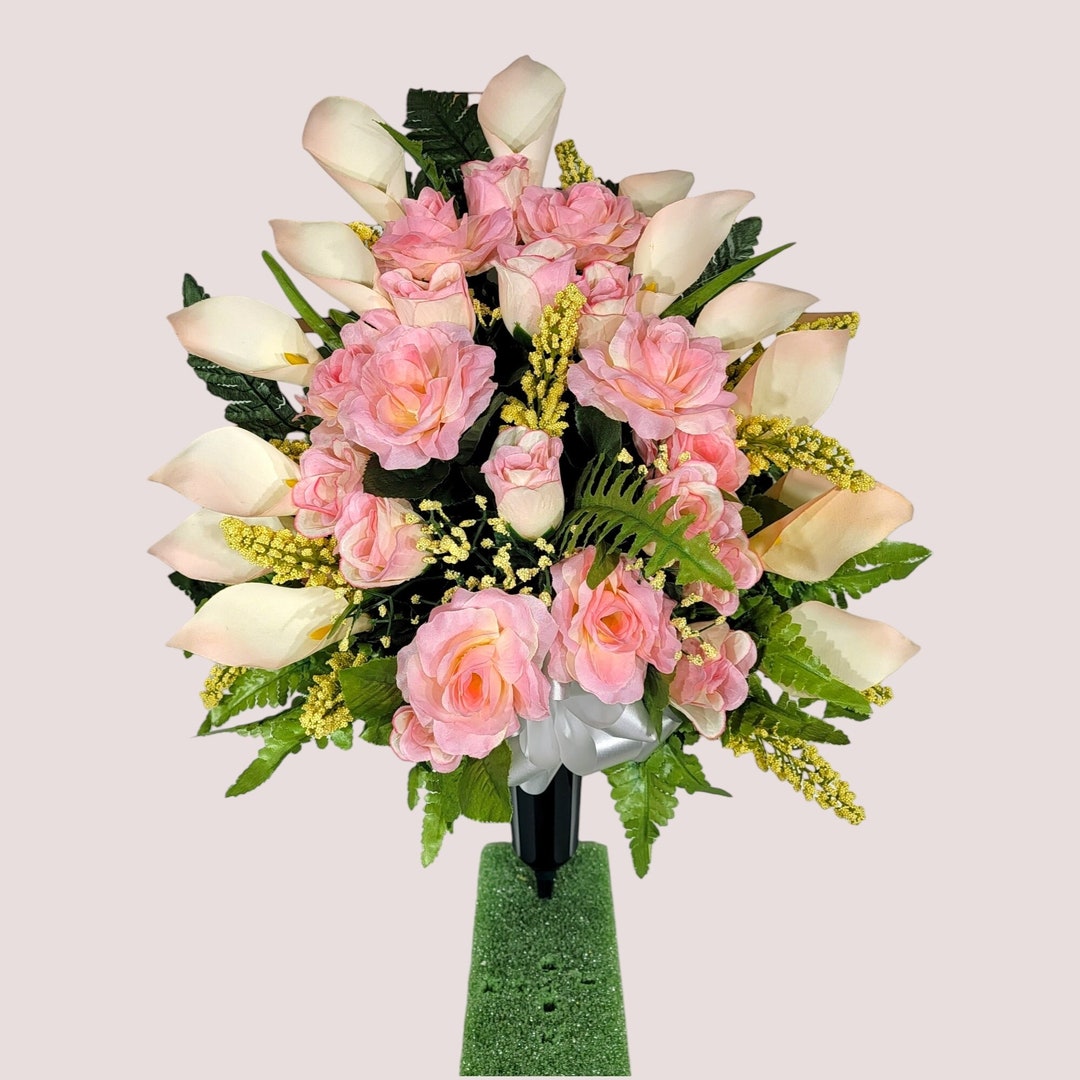 This Jumbo Cemetery Cone Has Grave Flowers Including Cream Pink Calla ...