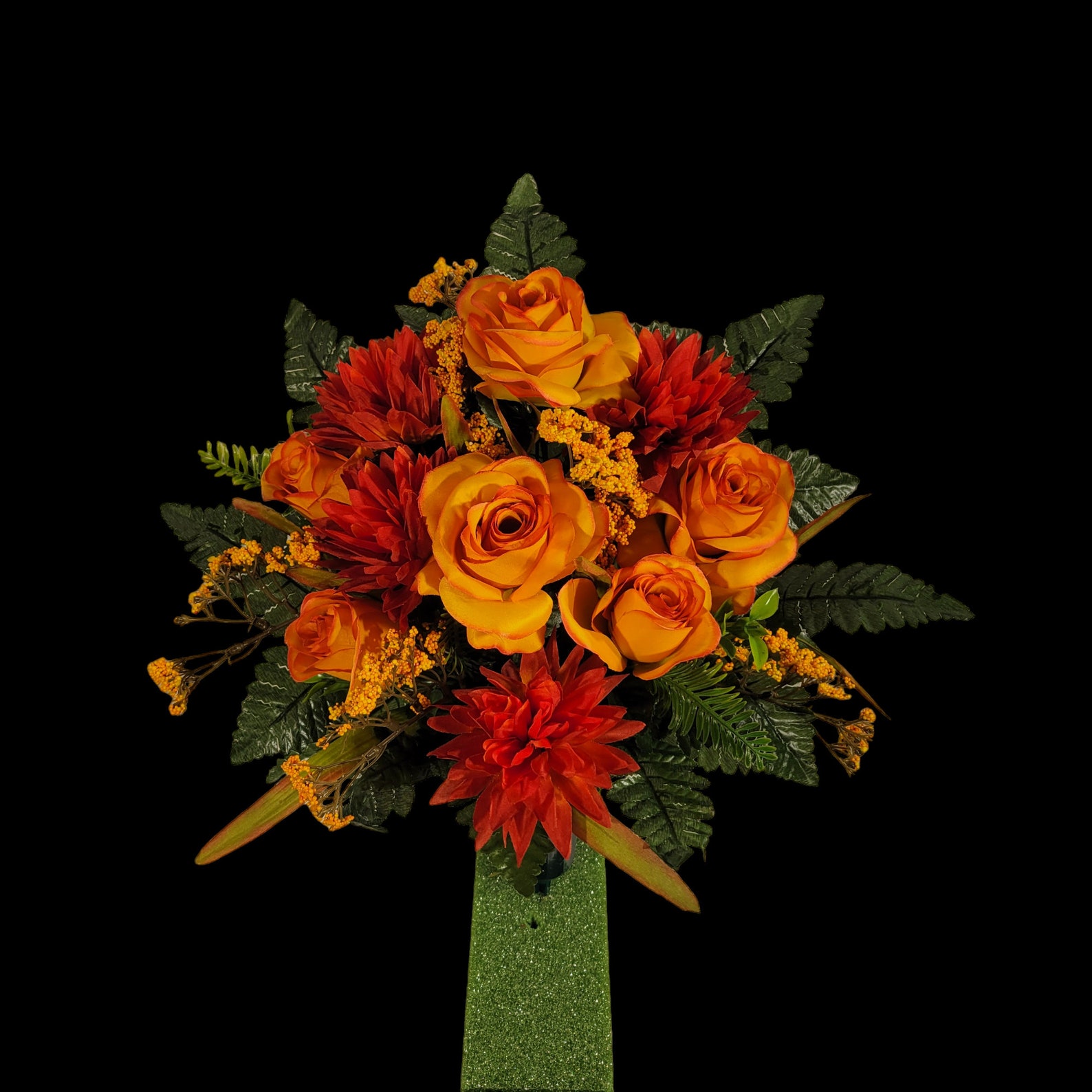This Cemetery Cone Has Grave Flowers Including Mums and 2 Tone Orange ...