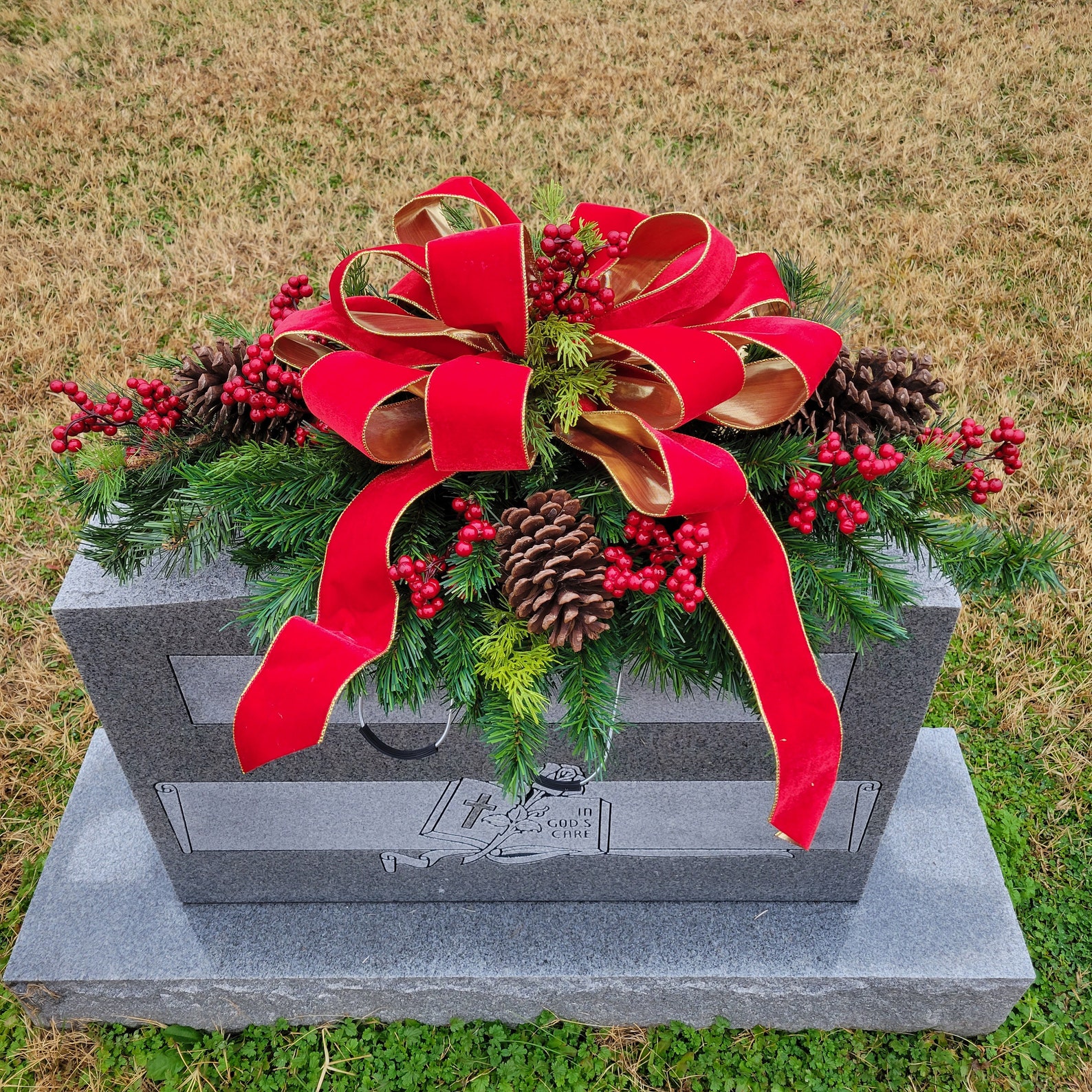 This Christmas Cemetery Saddle Has Winter Pine Greenery, Berries, and ...