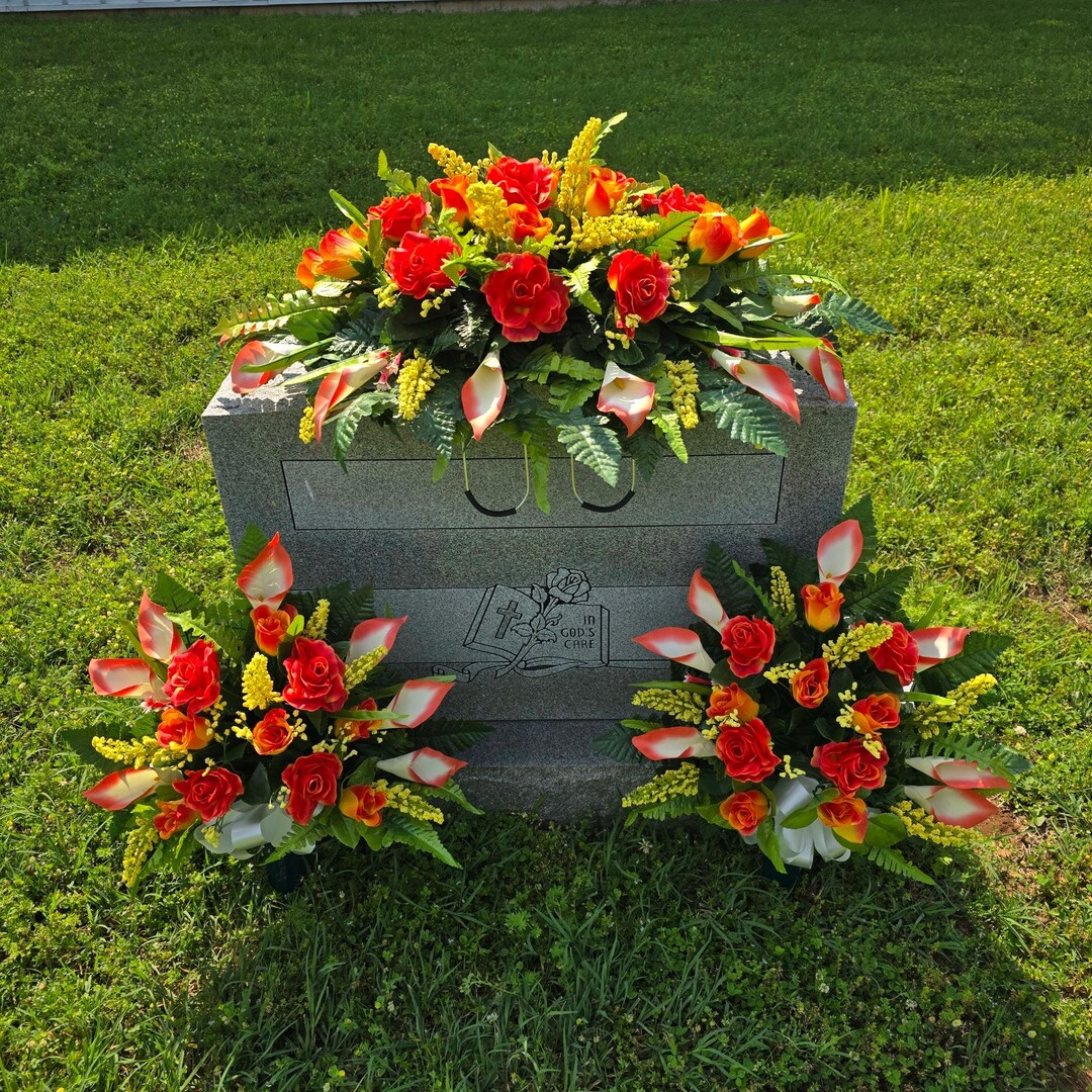 This Headstone Saddle and Cemetery Cone Set Has Silk Grave Flowers ...