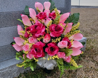 This Cemetery Cone Has Grave Flowers Including Red Dahlia's and 2 Tone ...