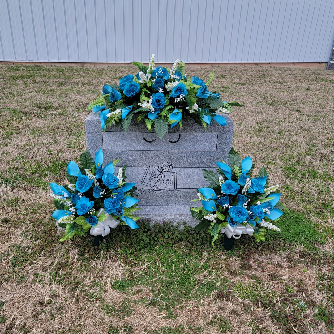This Headstone Saddle and Cemetery Cone Set Has Silk Grave Flowers ...