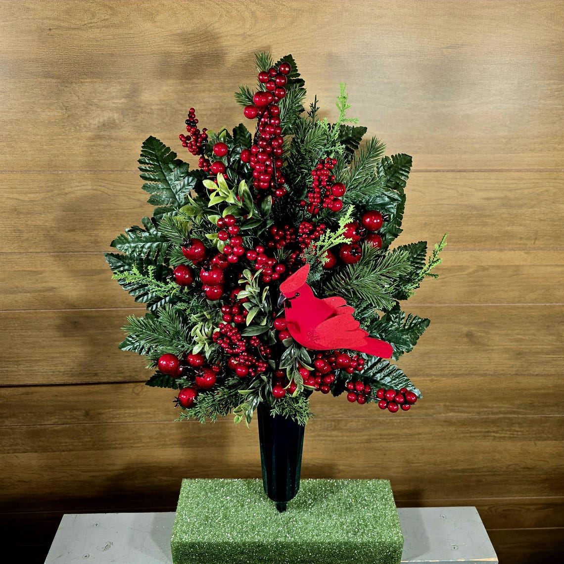 This Cemetery Cone Has Grave Flowers Including Red Berries, Winter Pine ...