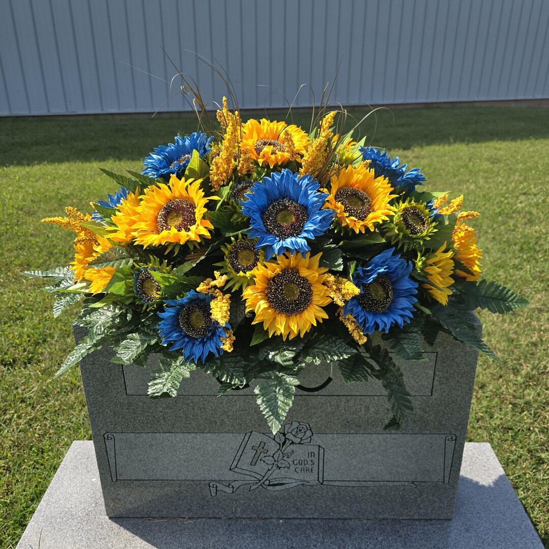 This Headstone Saddle is Made With Grave Flowers Including Blue ...