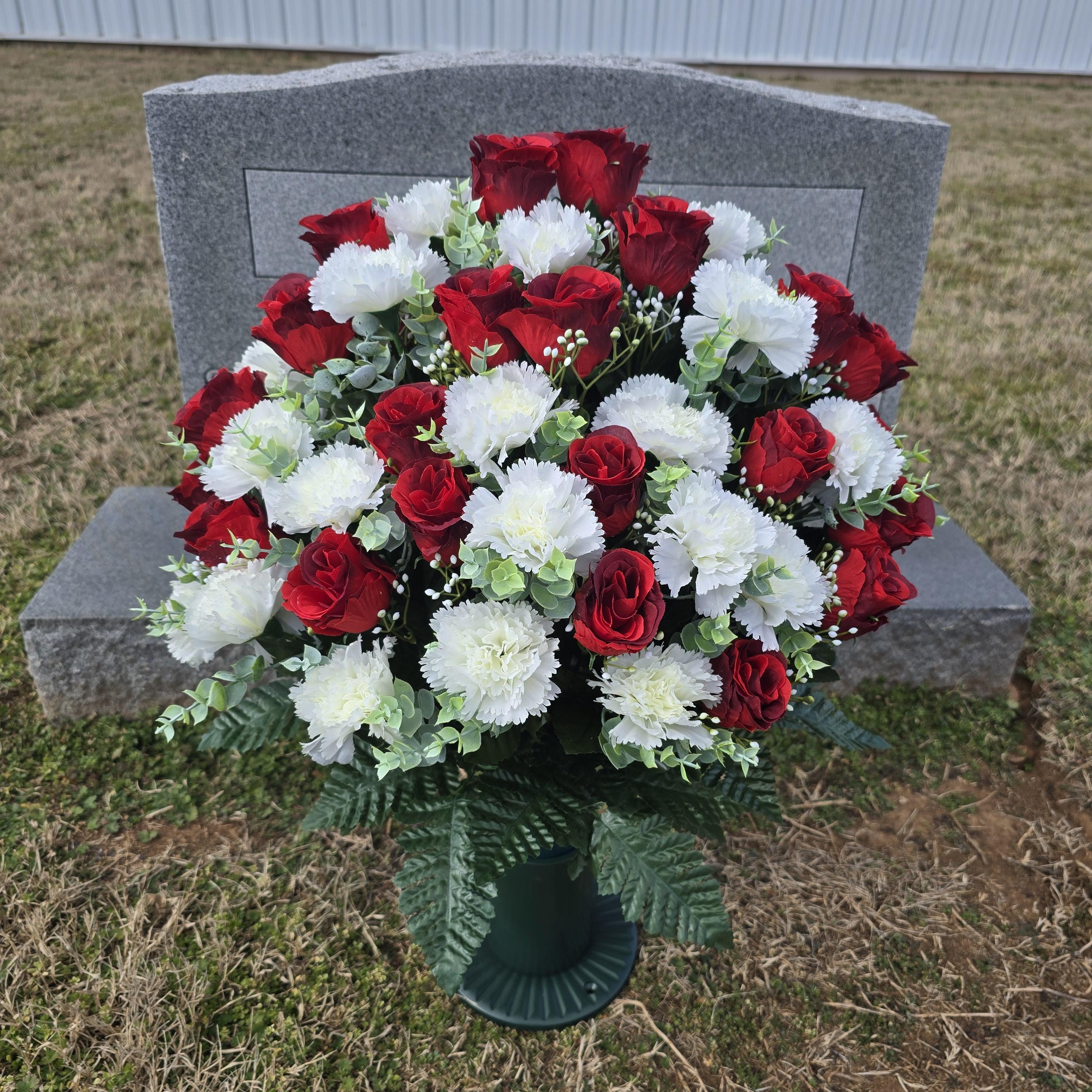 This Extra Large Cemetery Cone Has 72 Beautiful Red Rosebud and White ...