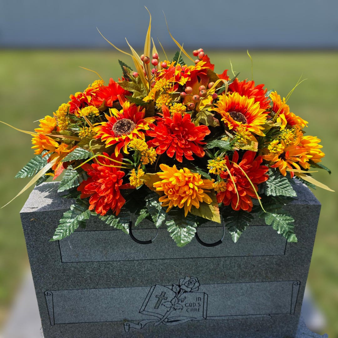 A Fall Headstone Saddle With Yellow Sunflowers & Orange Mums. Autumn ...