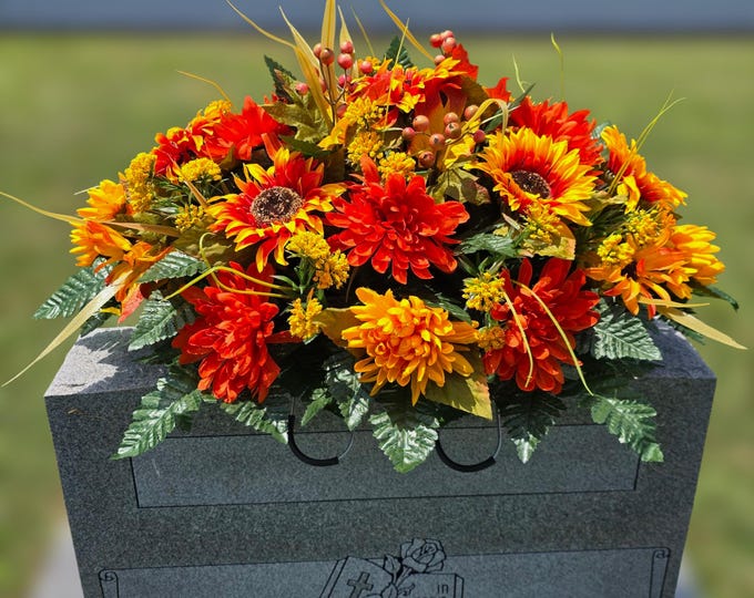A Fall Headstone Saddle With Yellow Sunflowers & Orange Mums. Autumn ...