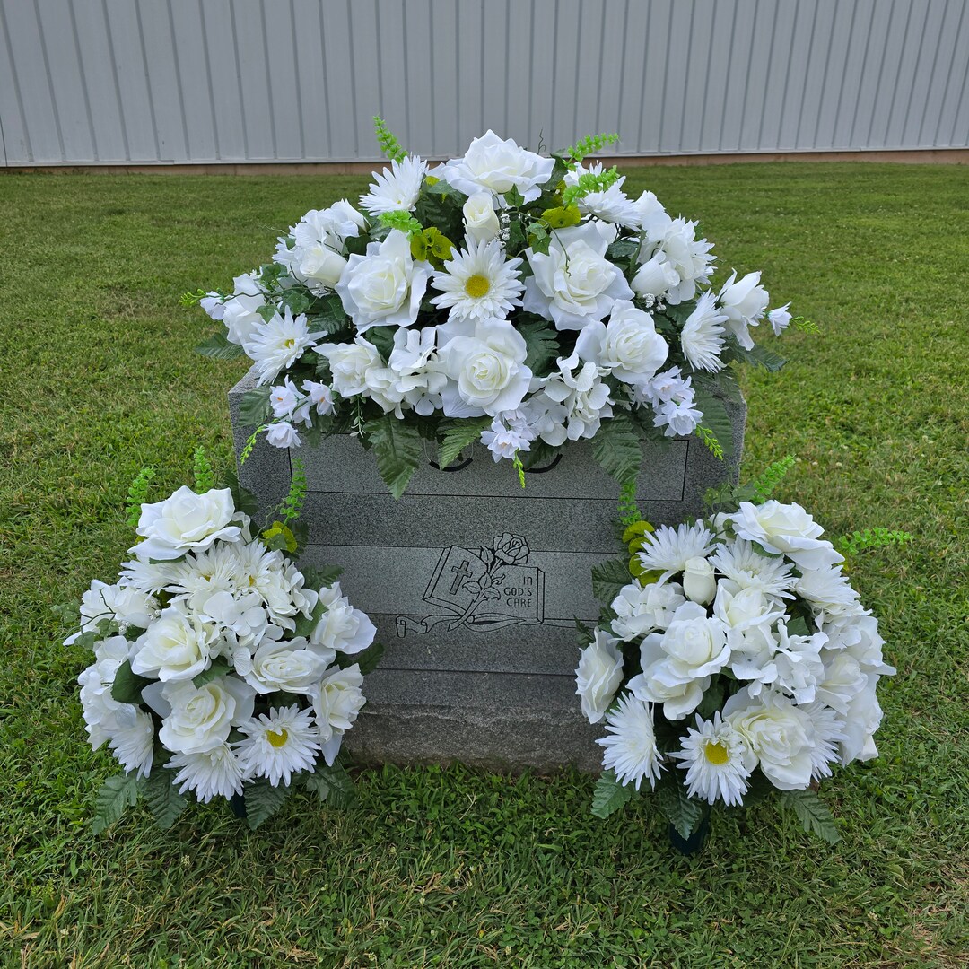 This Headstone Saddle and Cemetary Cone Set Has Cream Roses, White ...
