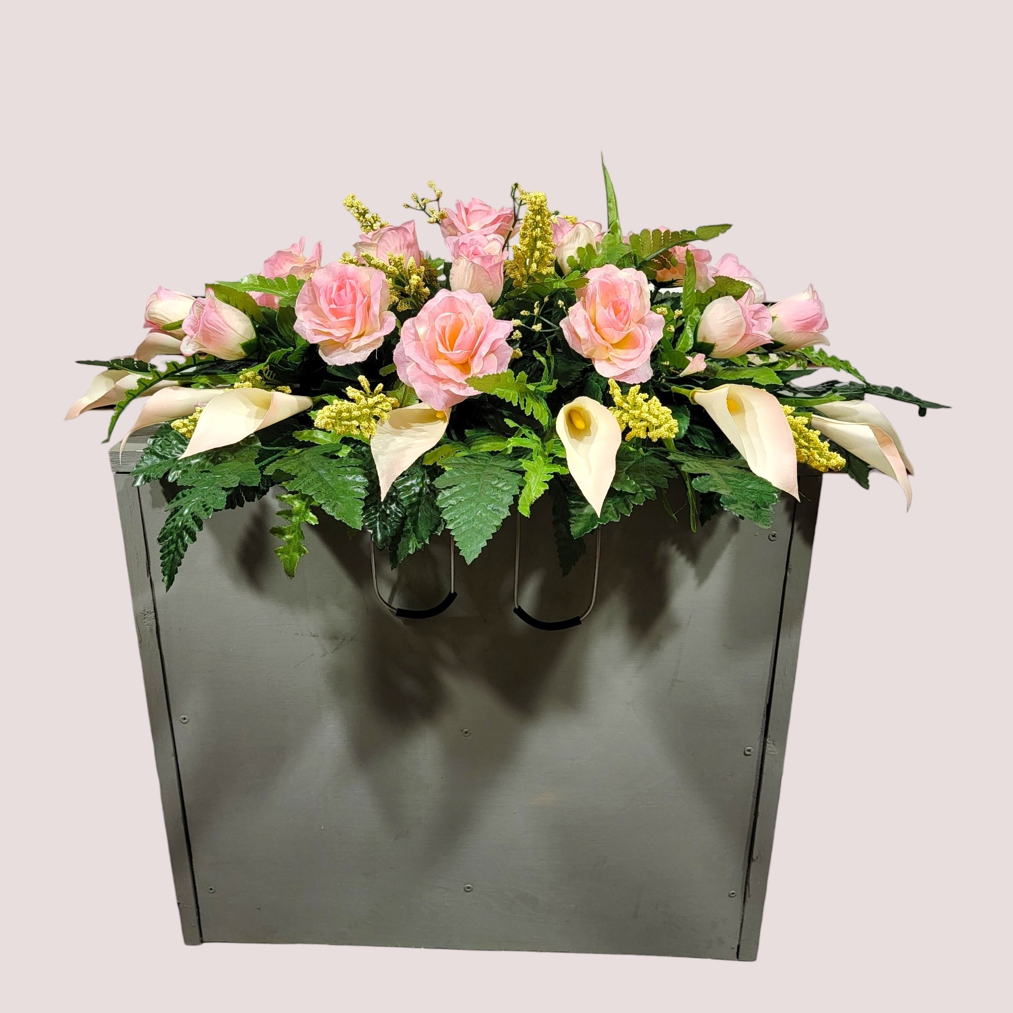 This Headstone Saddle Has Silk Grave Flowers Including Cream Pink Calla ...