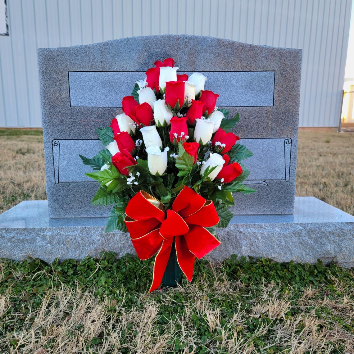 This Cemetery Cone Pair Has Grave Flowers Including Red and Cream White ...
