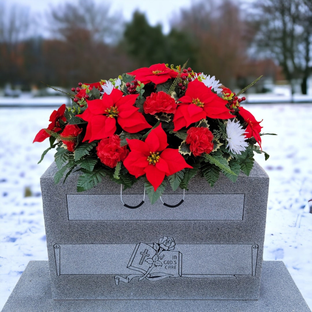 This Headstone Saddle is Made With Grave Flowers Including Red and ...