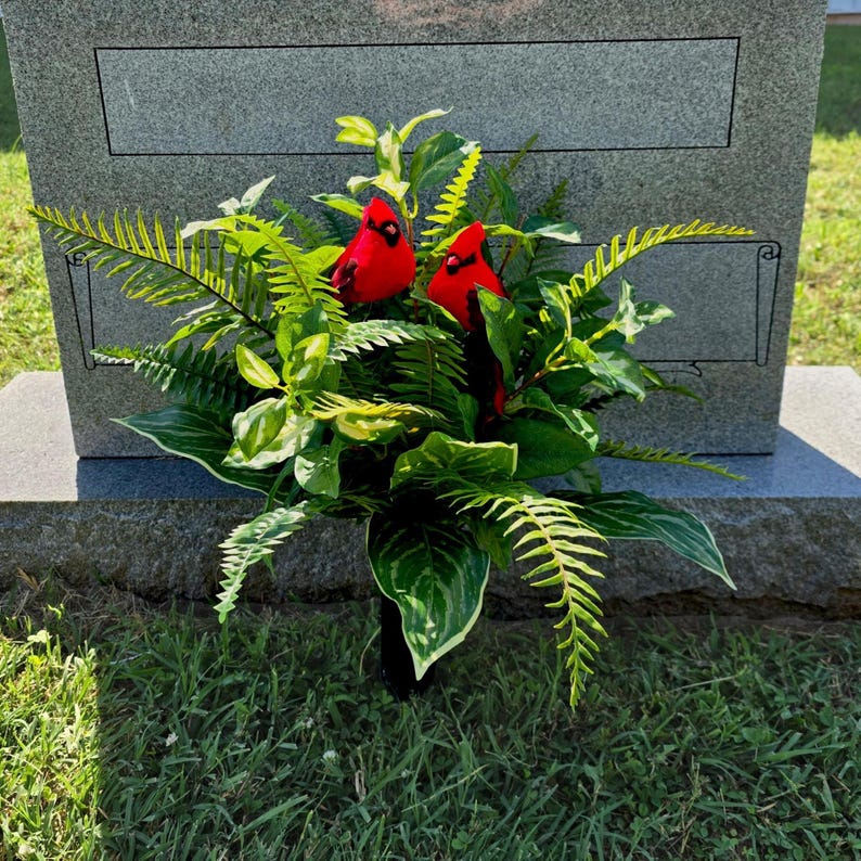 Faux Greenery Cemetery Vase Arrangement With Cardinals. Stunning ...