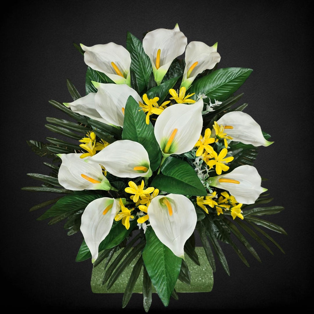 Jumbo Cemetery Cone With Cream Calla Lily and Yellow Tweedia Grave ...