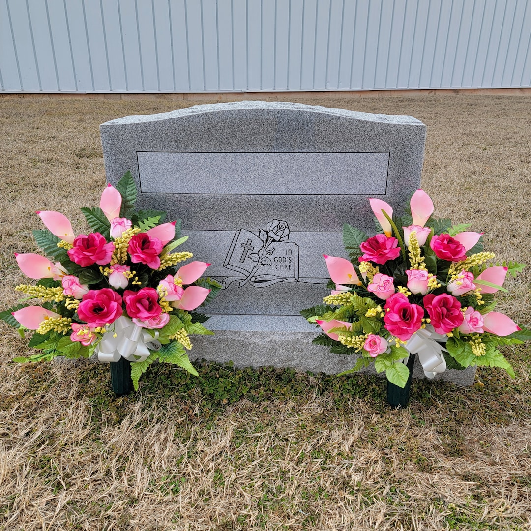 This Cemetery Cone Pair Has Grave Flowers Including Beauty Pink Calla ...