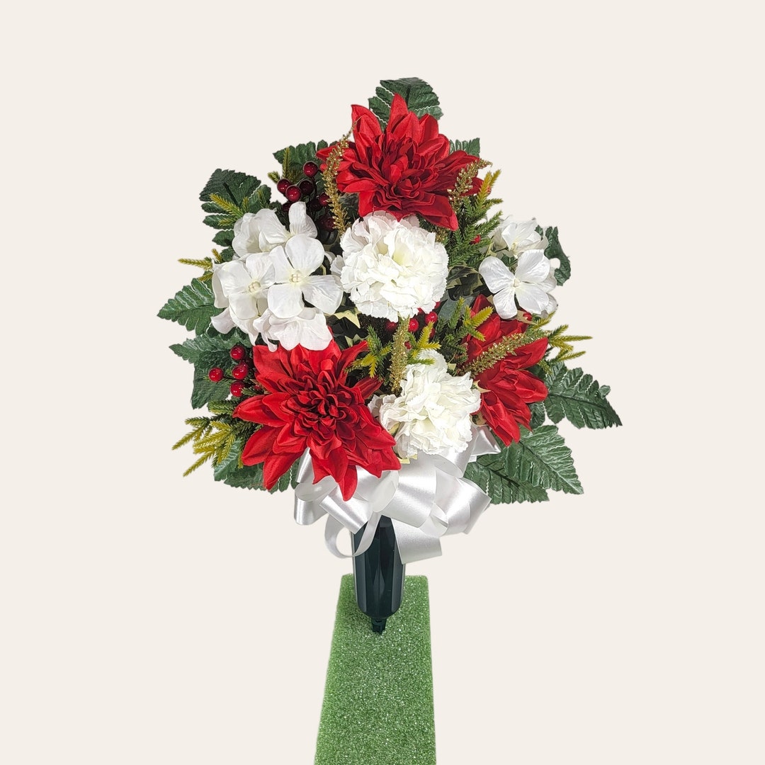 This Cemetery Cone Has Red & White Dahlia, Hydrangea, and Carnation ...