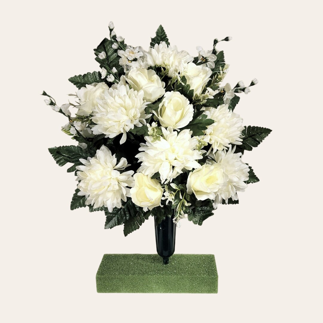 This Cemetery Cone Has Silk Grave Flowers Including Cream White Roses ...