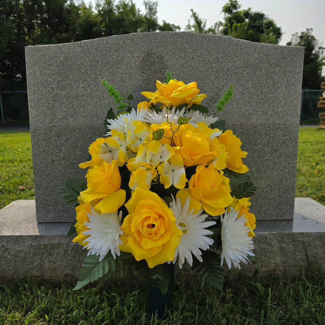 This Cemetery Cone Has Yellow Roses, White Gerbera Daisies, Hydrangeas ...
