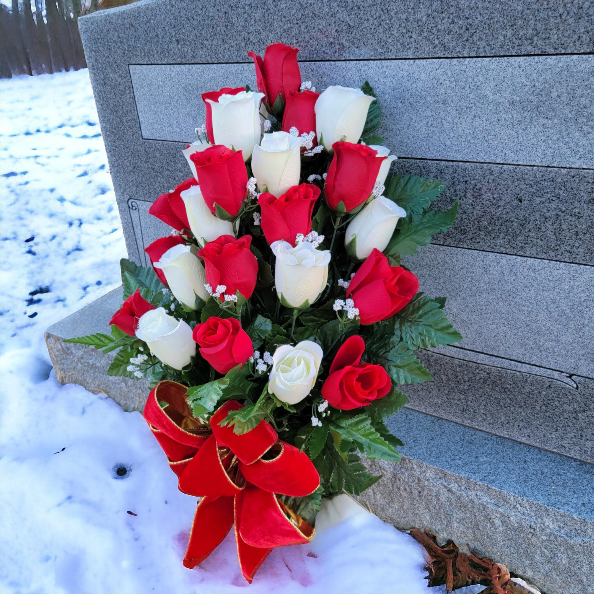 This Cemetery Cone Pair Has Grave Flowers Including Red and Cream White ...