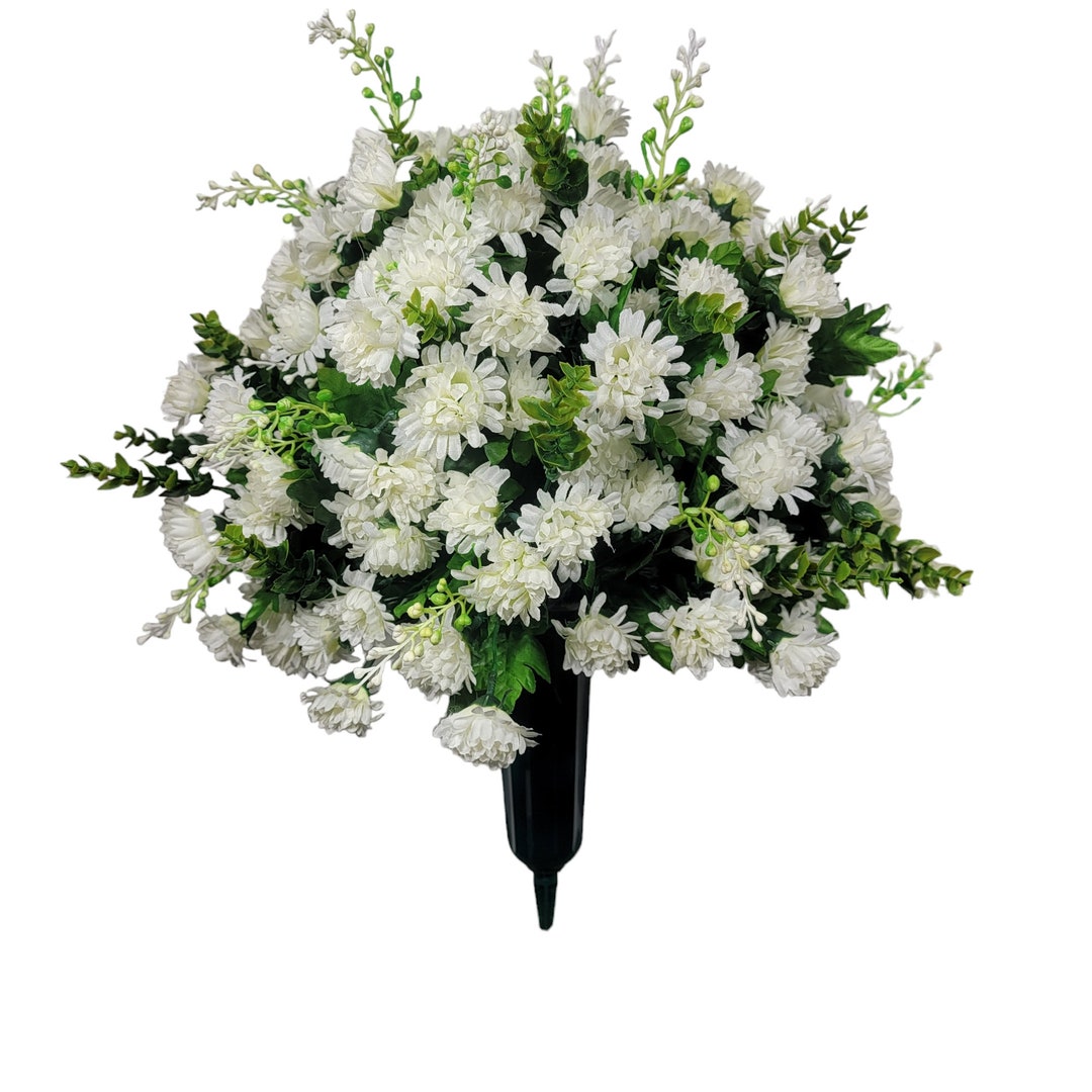 This Jumbo Cemetery Cone Has Grave Flowers Including White Mini Mums ...