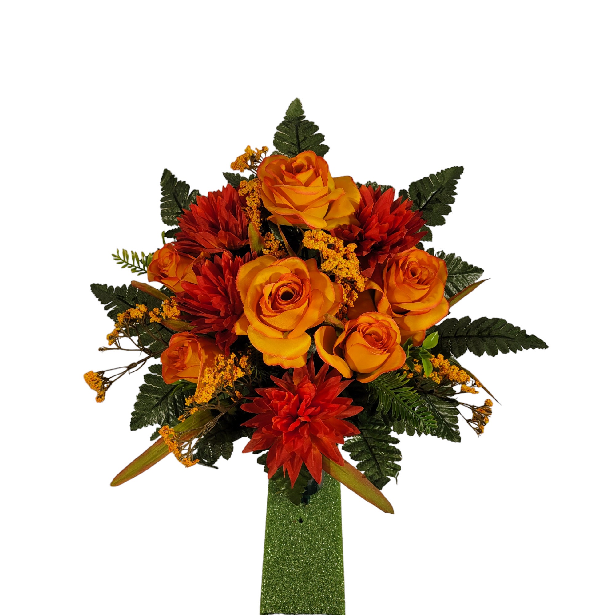 This Cemetery Cone Has Grave Flowers Including Mums and 2 Tone Orange ...