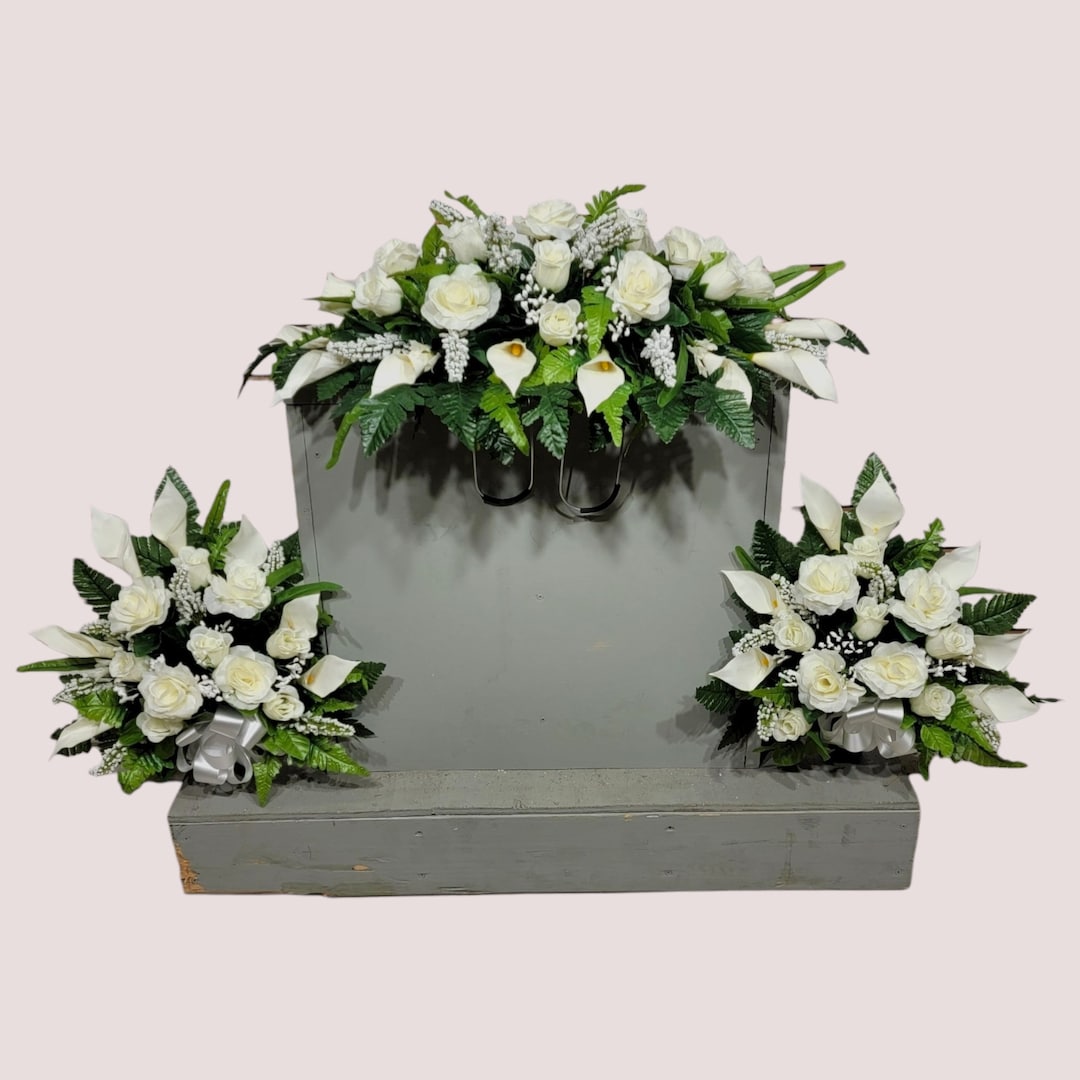 This Headstone Saddle and Cemetery Cone Set Has Silk Grave Flowers ...