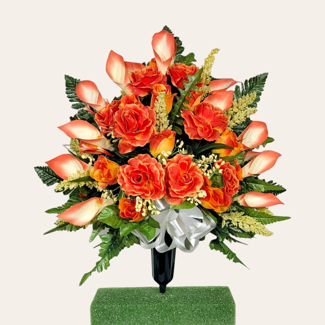 Jumbo Orange Calla Lily & Rose Cemetery Cone, Funeral Memorial ...