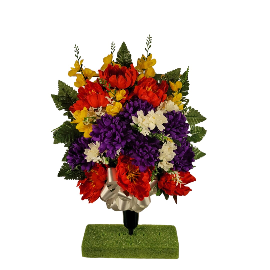 This Jumbo Cemetery Cone Has Grave Flowers Including Red Peonies ...
