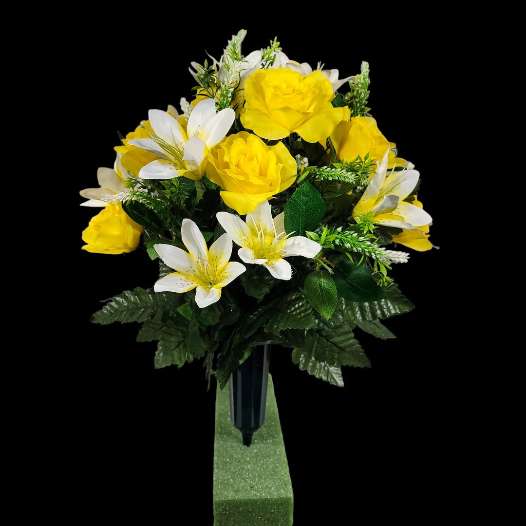 This 360-degree Yellow Rose and White Lily Cemetery Cone Has Roses and ...