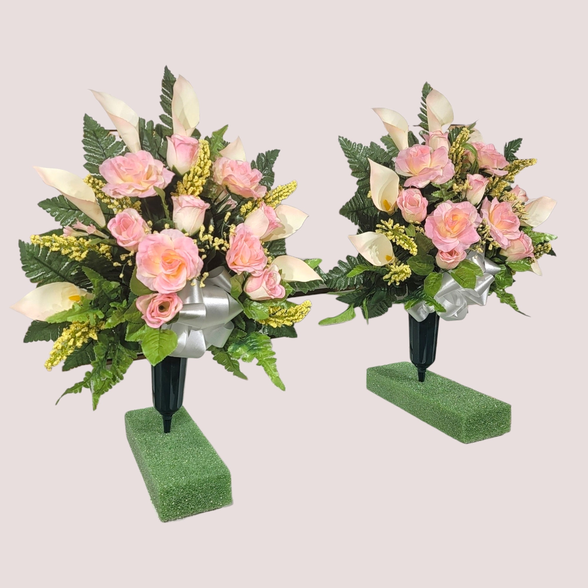 This Cemetery Cone Pair Has Grave Flowers Including Cream Pink Calla ...