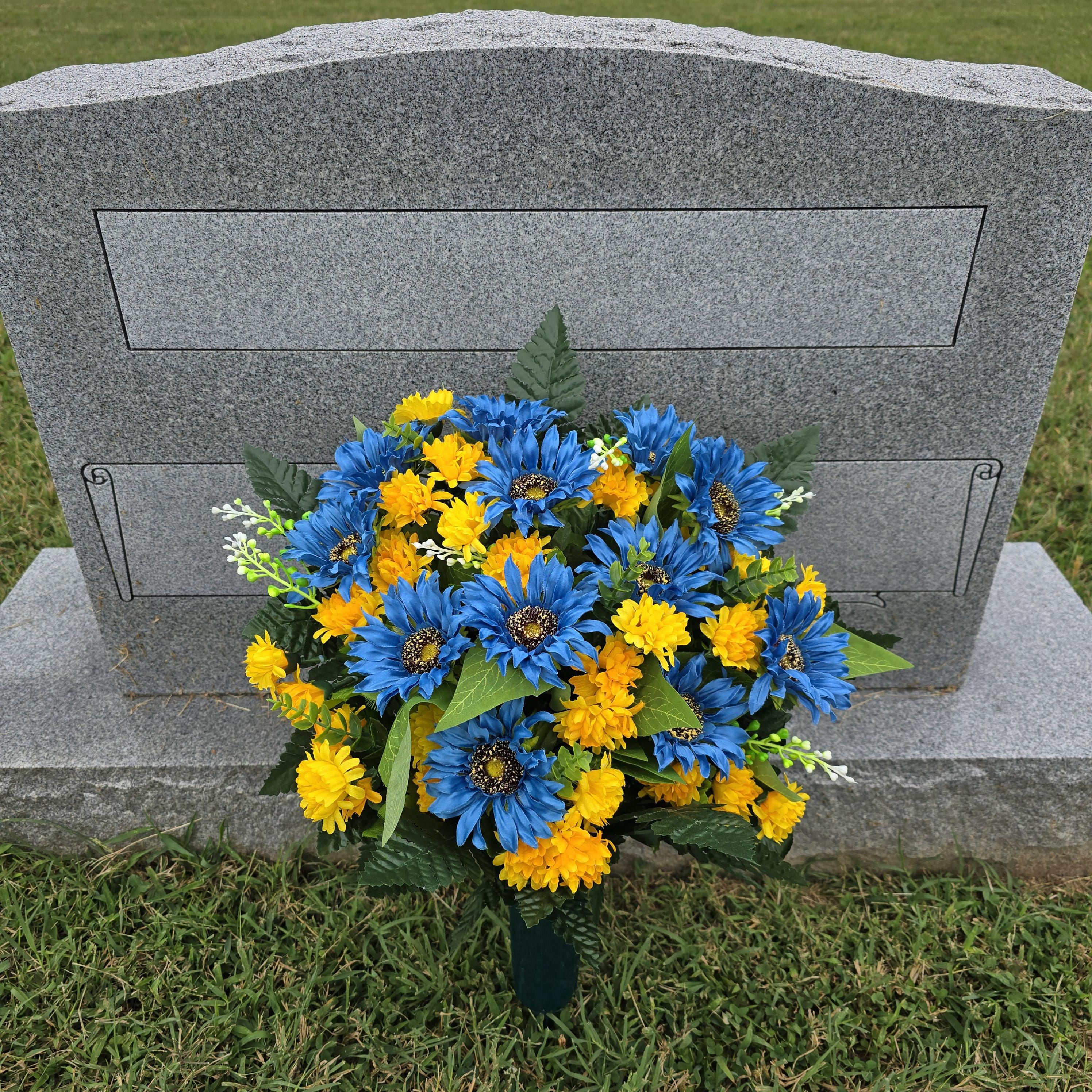 This Cemetery Cone Has Grave Flowers Including Mini Blue Sunflowers and ...