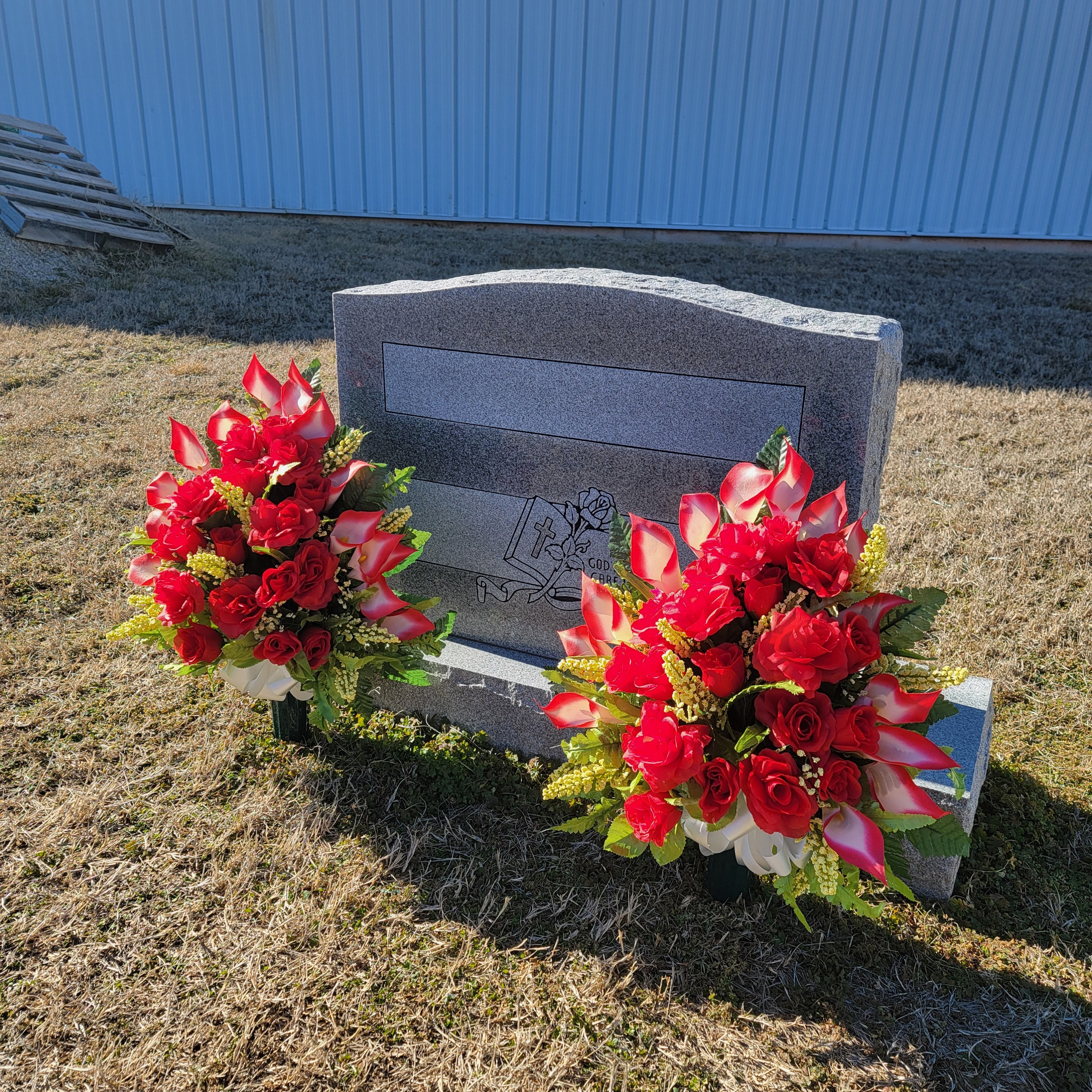 This Jumbo Cemetery Cone Pair Has Grave Flowers Including Red Roses ...