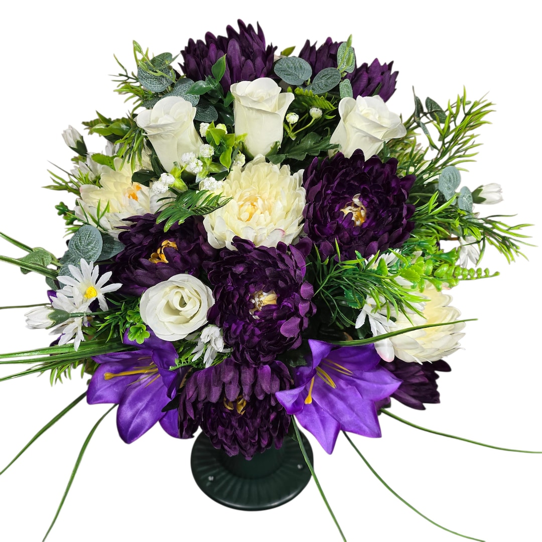 Cemetery Memorial Decoration With Purple Lilies, Mums, and Rosebud ...