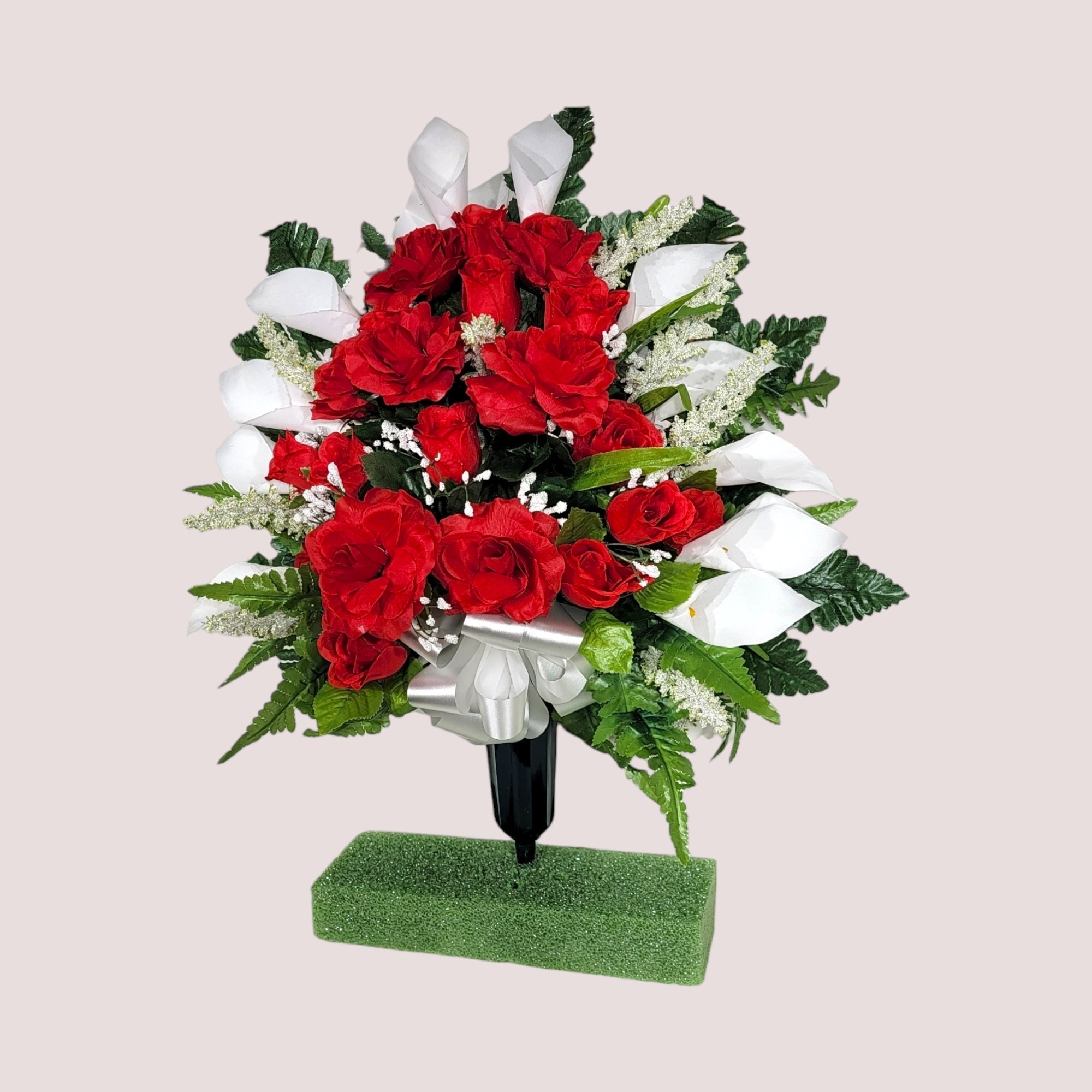 This Jumbo Cemetery Cone Has Grave Flowers Including White Calla Lilies ...