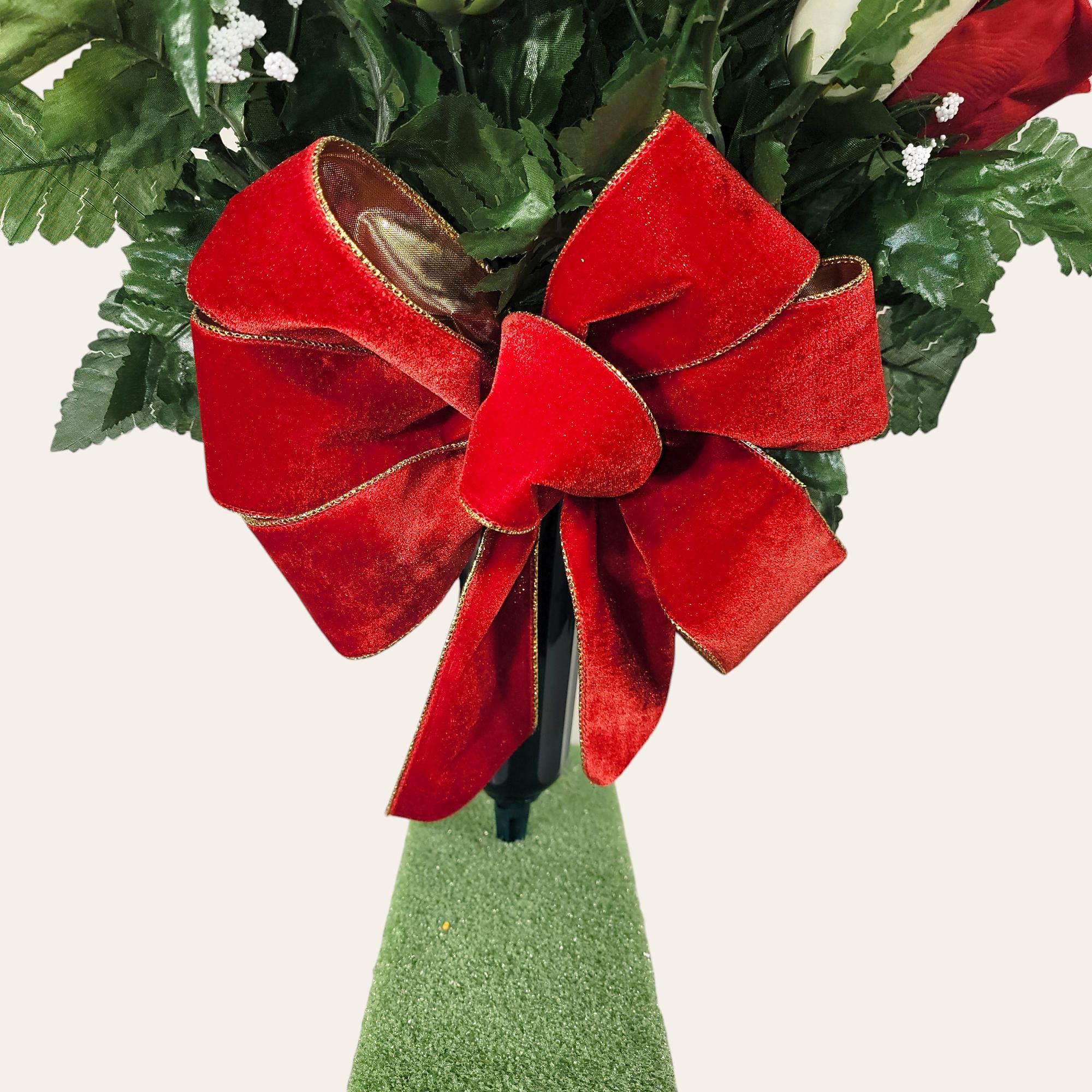 This Cemetery Cone Pair Has Grave Flowers Including Red and Cream White ...