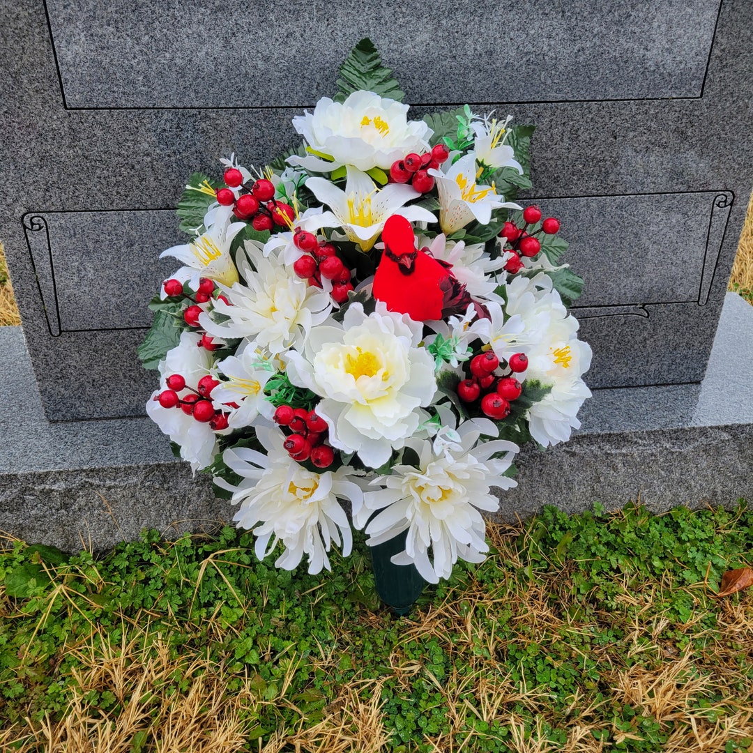 The Christmas Memorial Cone Has Silk Grave Flowers Including White ...